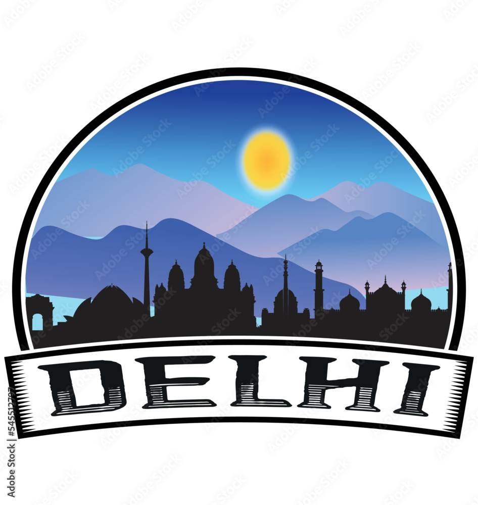 Delhi India Skyline Sunset Travel Souvenir Sticker Logo Badge Stamp ...