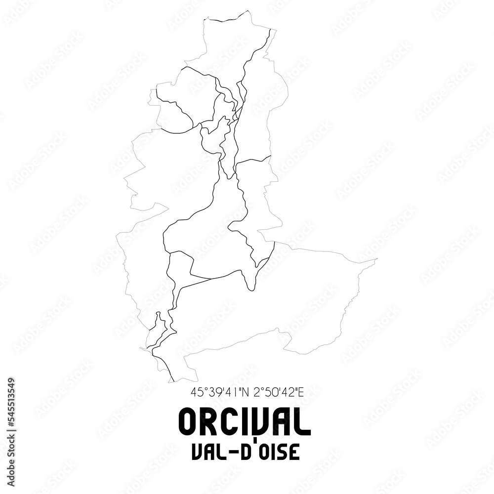 ORCIVAL Val-d'Oise. Minimalistic street map with black and white lines ...
