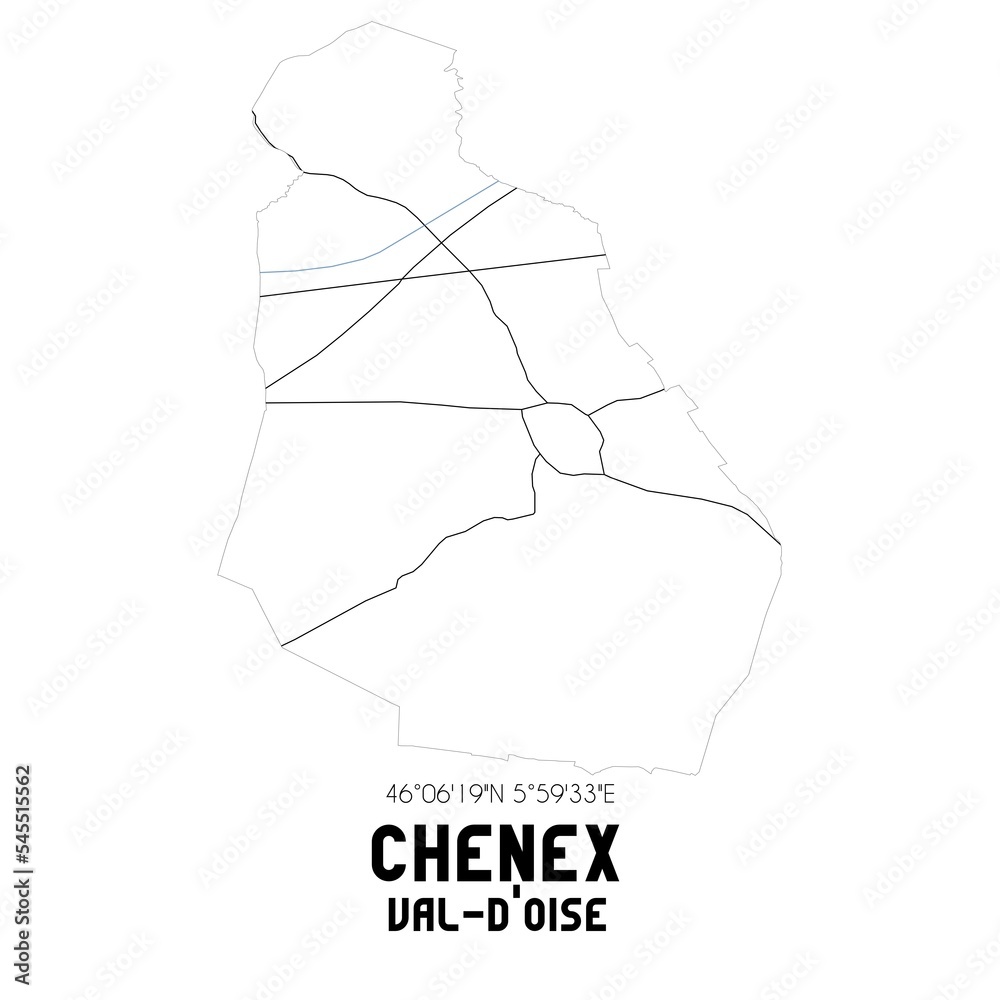 CHENEX Val-d'Oise. Minimalistic street map with black and white lines ...
