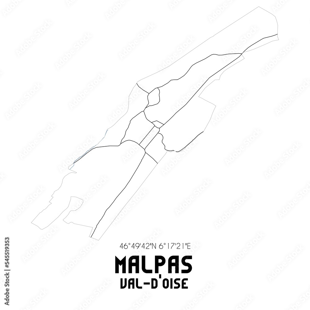 MALPAS Val-d'Oise. Minimalistic street map with black and white lines ...