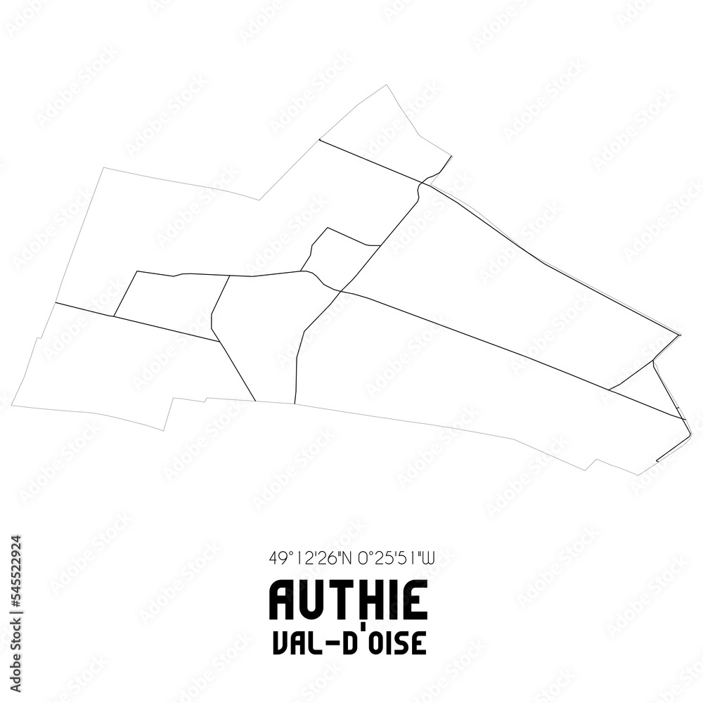 AUTHIE Val-d'Oise. Minimalistic street map with black and white lines ...