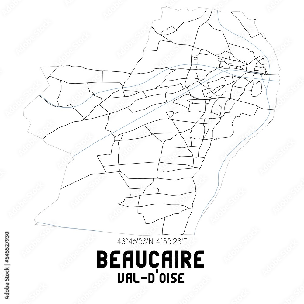 BEAUCAIRE Val-d'Oise. Minimalistic street map with black and white ...