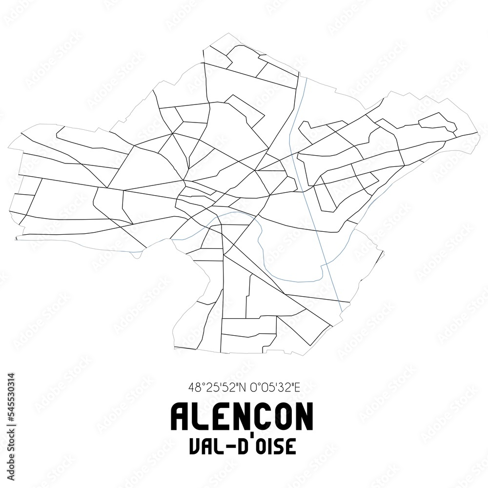 ALENCON Val-d'Oise. Minimalistic street map with black and white lines ...