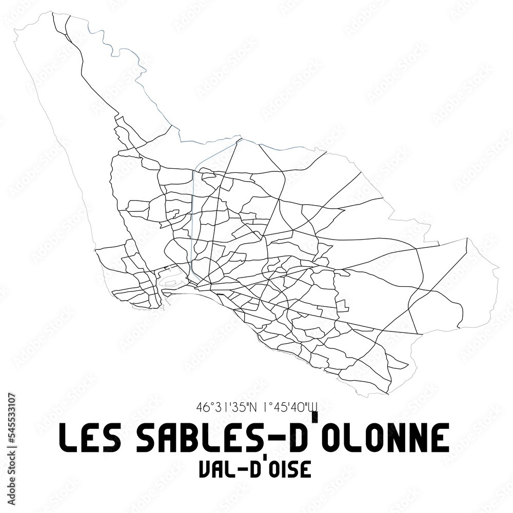 LES SABLES-D'OLONNE Val-d'Oise. Minimalistic street map with black and ...