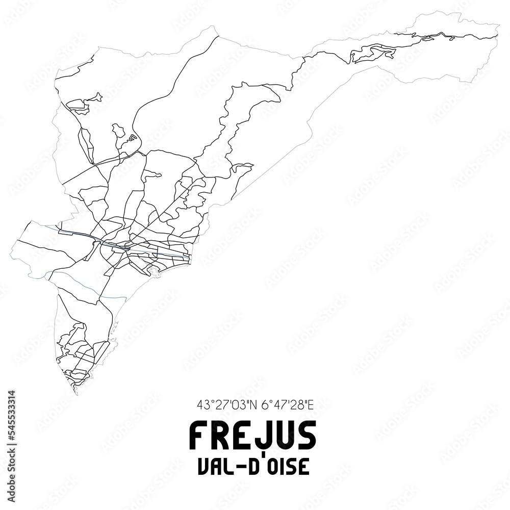 FREJUS Val-d'Oise. Minimalistic street map with black and white lines ...