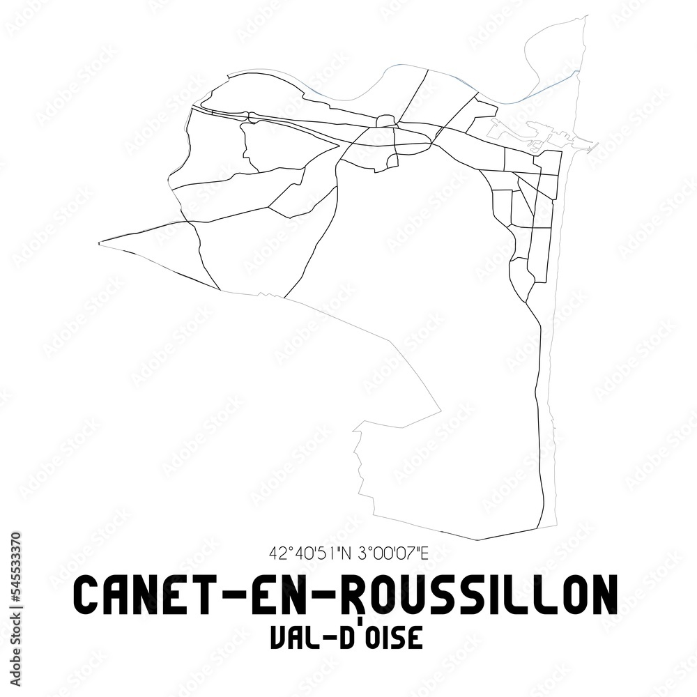 CANET-EN-ROUSSILLON Val-d'Oise. Minimalistic street map with black and ...