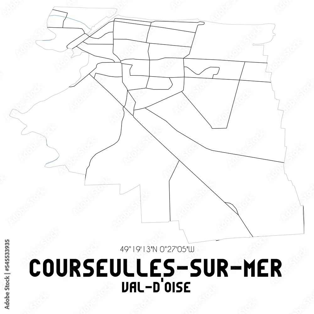 COURSEULLES-SUR-MER Val-d'Oise. Minimalistic street map with black and ...