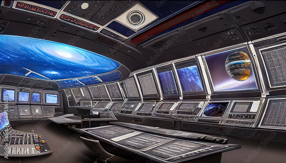Interior of futuristic cockpit control center of space station or ...