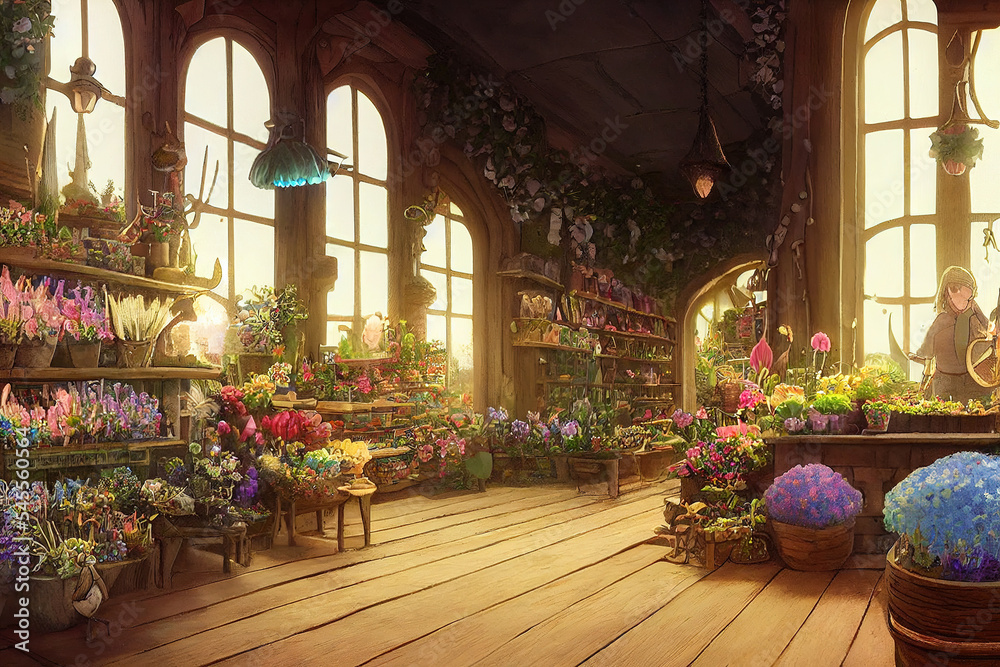 Flower shop interior in medieval fantasy setting with colorful warm ...
