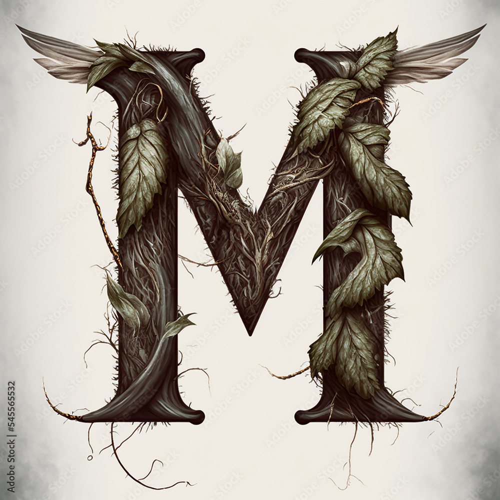 Ai generated image of the letter M with vines, feathers and greenery ...