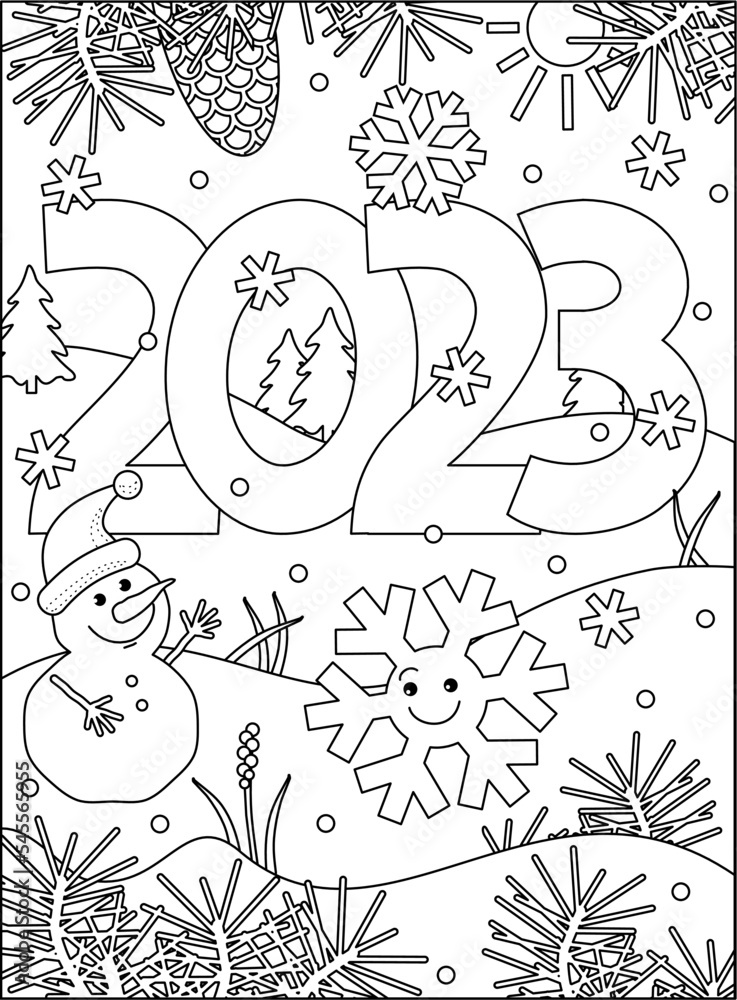 Coloring page with year 2023 sign, gingerbread man, smiling snowflake ...