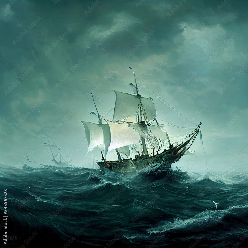 neo-classical digital painting, voyage advanture on the ocean, sailing ...
