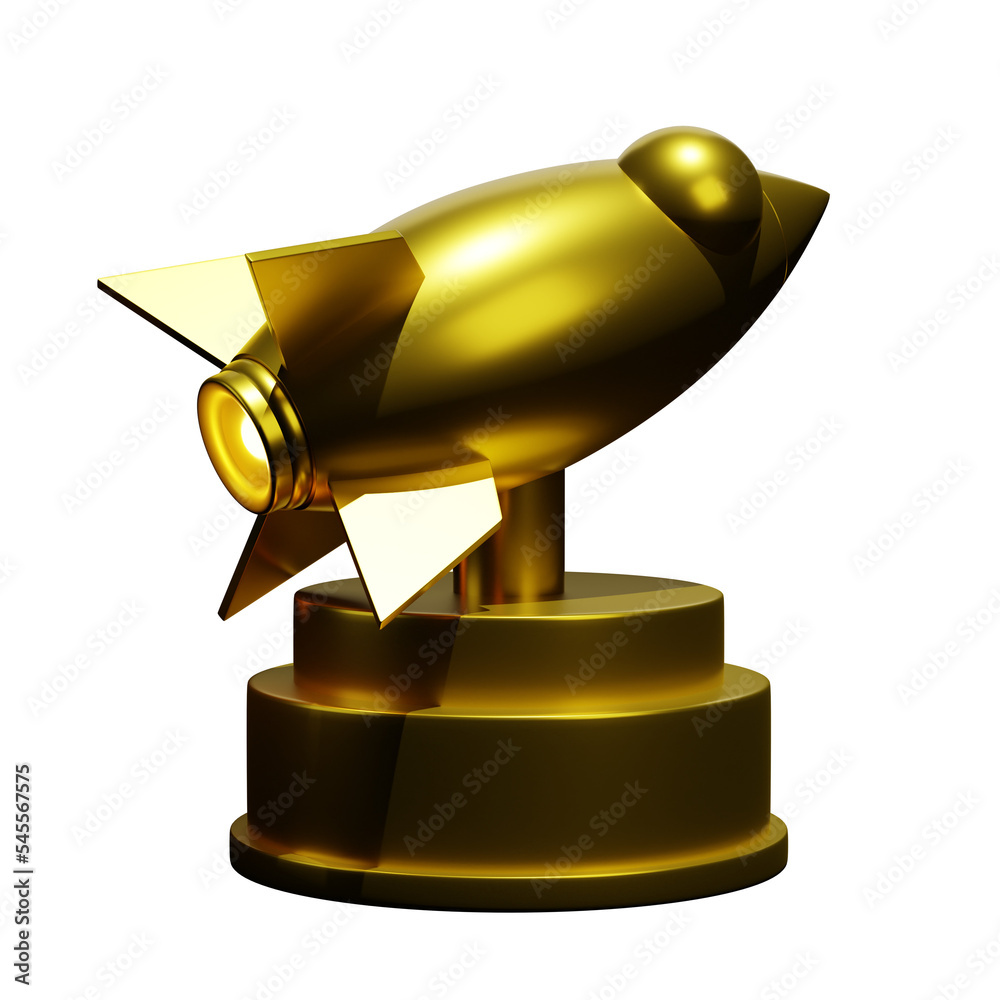 3D Render Realistic Start up Rocket Golden Trophy object Isolated icons ...