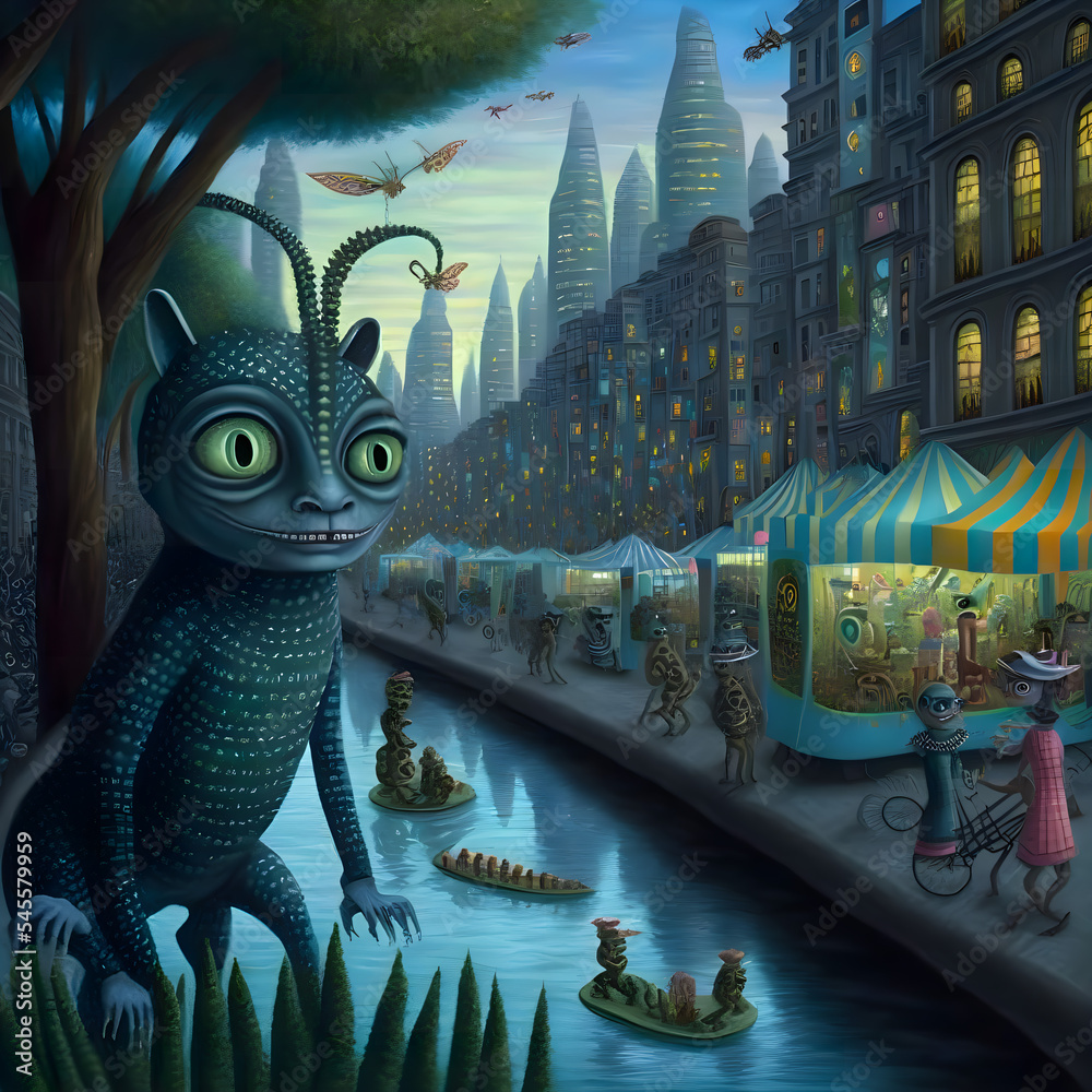 Alebrijes with strange imaginary animals in a city, surrealism illustration Stock Illustration ...