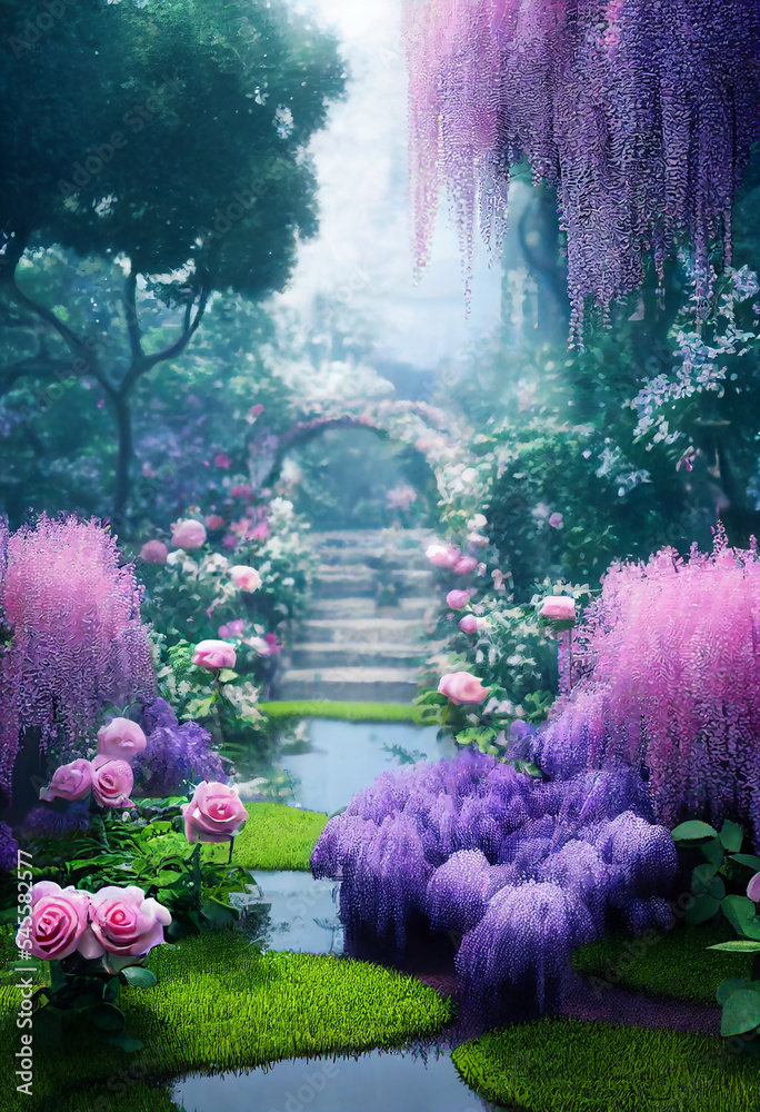 garden path overgrown with flowers and wisteria, concept art, digital ...