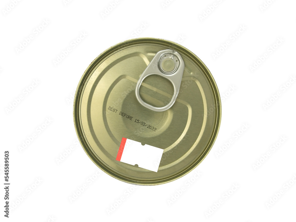 expiration date printed on gold aluminum can lid (tin food) with silver ...