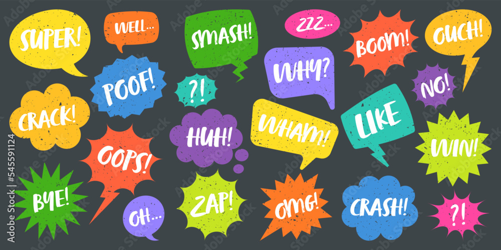 Colorful grunge comic speech bubbles with handwritten text. Hand drawn ...
