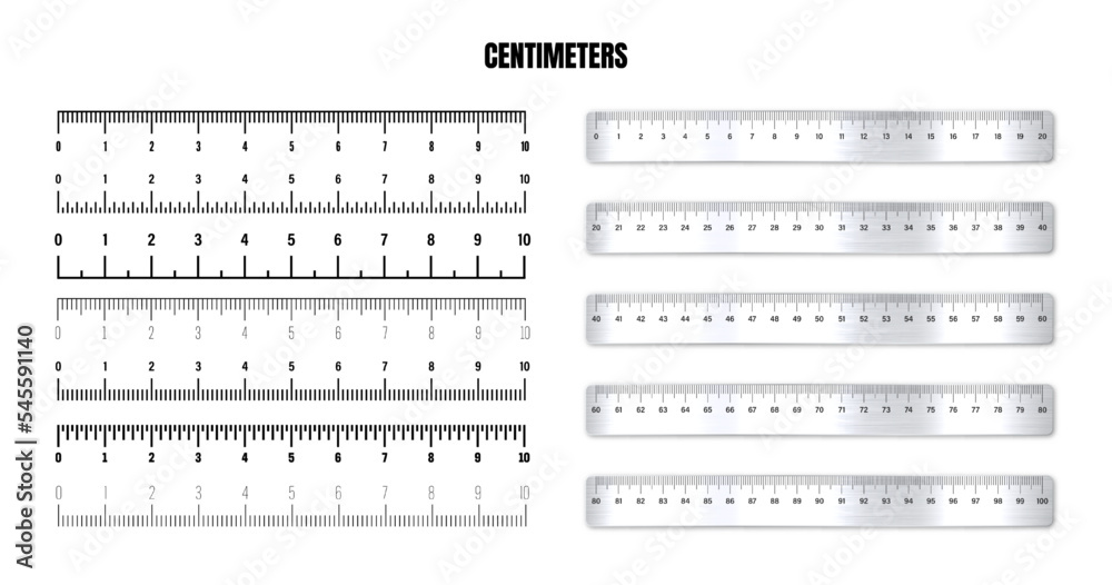 Realistic metal rulers with black centimeter scale for measuring length ...