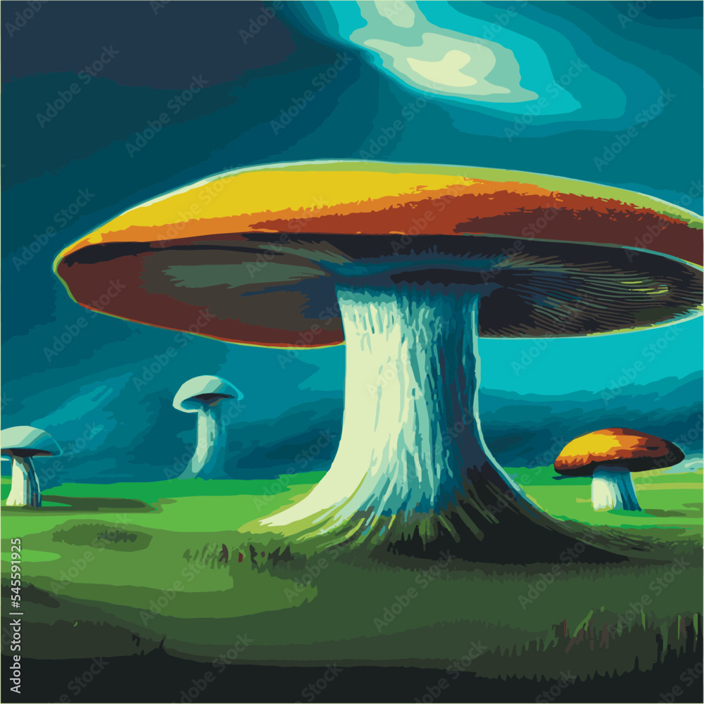 surreal mushroom landscape, vector illustration. Psychedelic art with ...