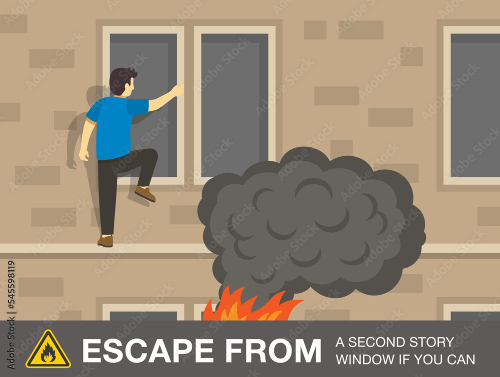 Fire safety activity. Young man climbing over from the second floor ...