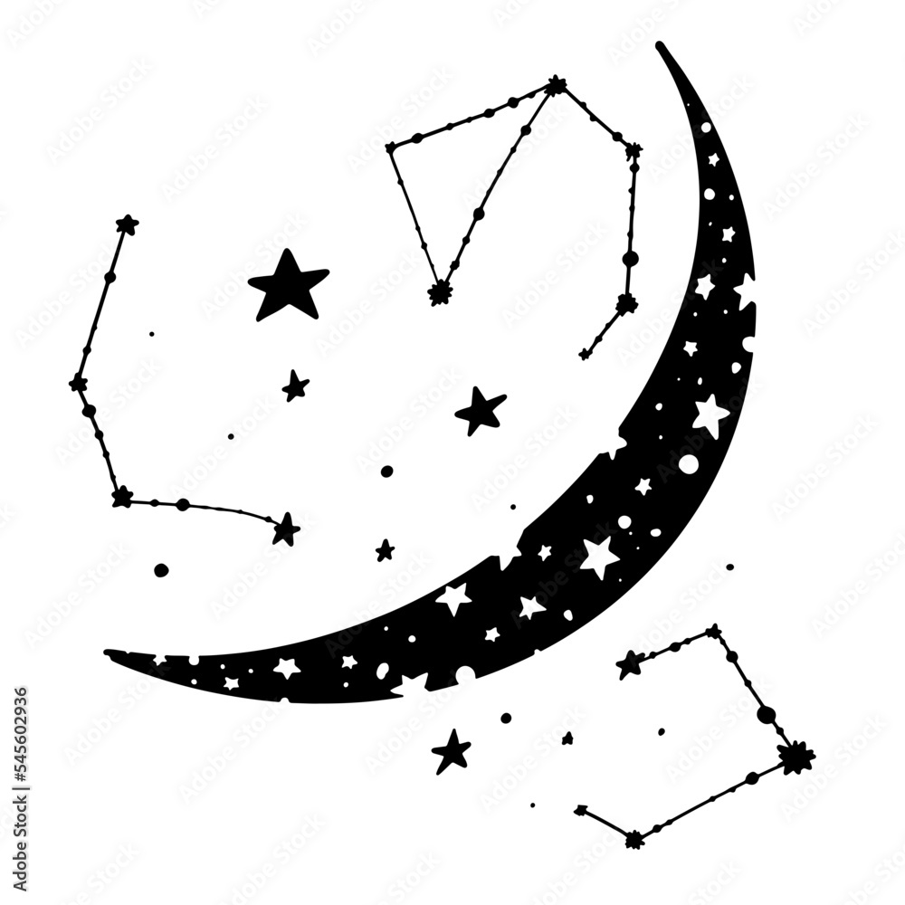 Celestial black outline set. Star constellations, and crescent moon ...