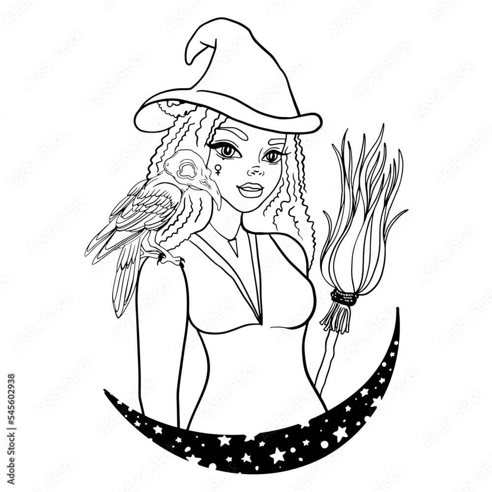 Witch with a broom, and raven on her shoulder on a crescent moon ...