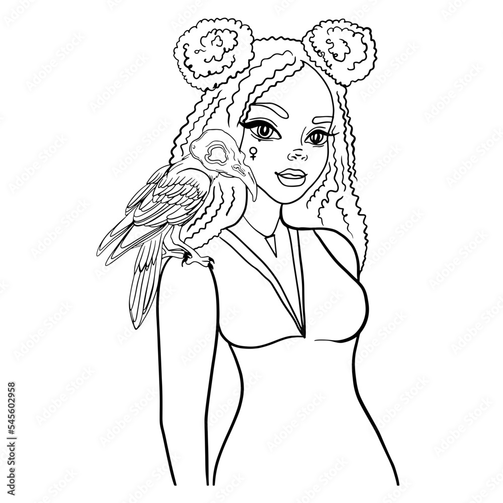 African american Girl with a raven on her shoulder - Vector outline of ...