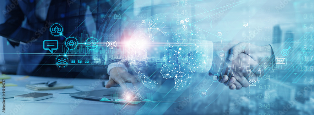 .Digital online marketing, Businessman use laptop and analysis sale ...