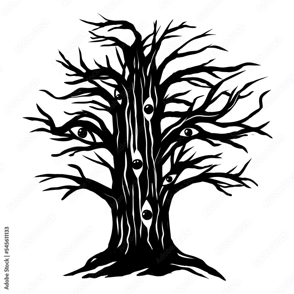 Graphic sketch of magical tree with monster eyes. Illustartion of witch ...