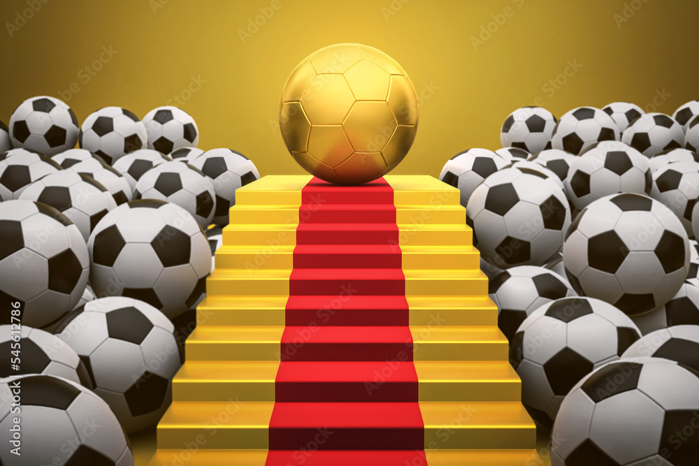 3D soccer ball gold concept in stair podium with red carpet. pile of ...