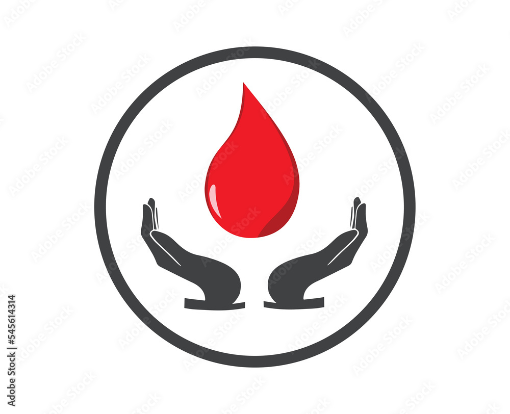 blood donation symbol. two illustrations of hands receiving a drop of ...