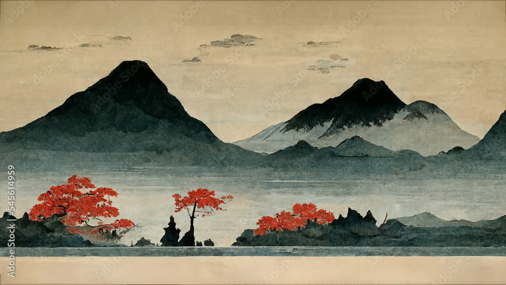 ภาพประกอบสต็อก Japanese landscape, painting, ukiyo-e, Edo period ...