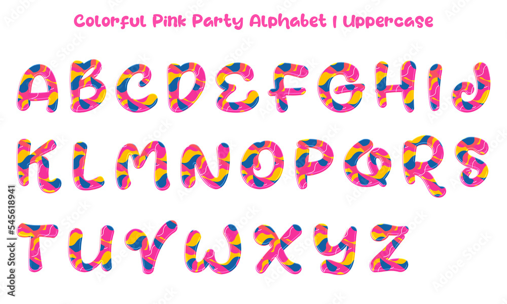 Colorful pink party alphabet set, includes font or letters in both ...