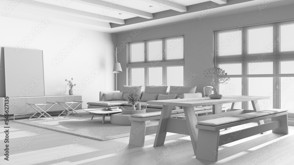 Total white project draft, japandi living and dining room. Fabric sofa and wooden dining table ...