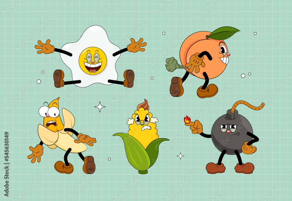 Set of comic characters in retro cartoon style. Cute comic gloved hands ...