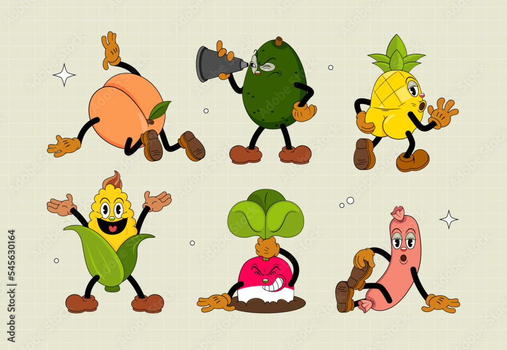 Set of comic characters in retro cartoon style. Cute comic gloved hands ...