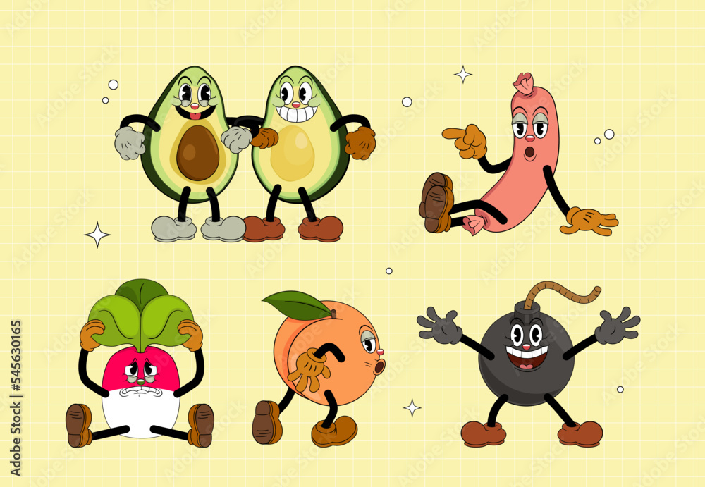 Set of comic characters in retro cartoon style. Cute comic gloved hands ...