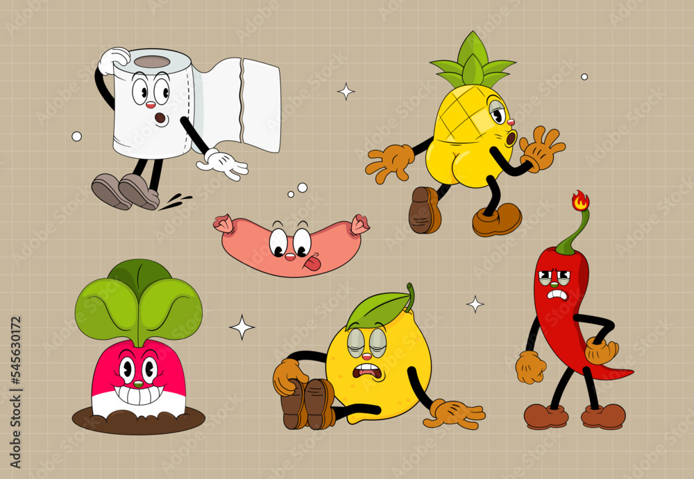 Set of comic characters in retro cartoon style. Cute comic gloved hands ...