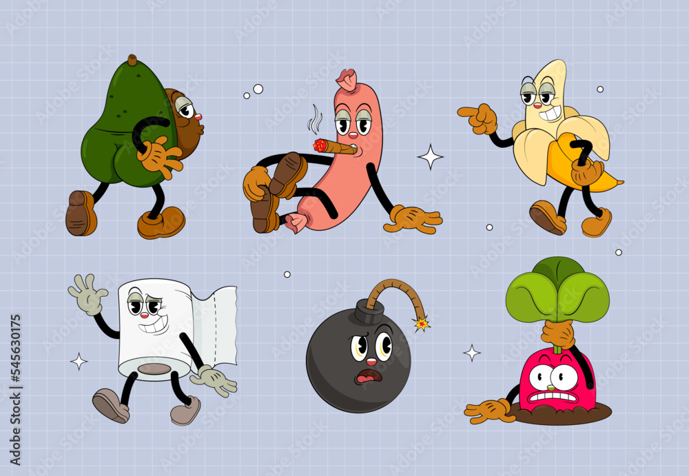 Set of comic characters in retro cartoon style. Cute comic gloved hands ...