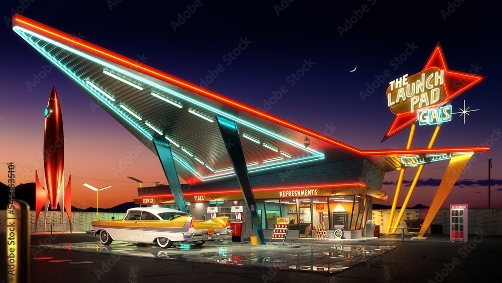 3D Illustration of Mid Century Modern Gas Service Station at Night in ...