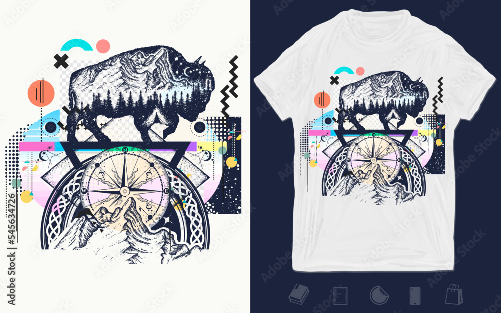 Bison, compass and mountains tattoo. Tourism symbol, adventure, great ...