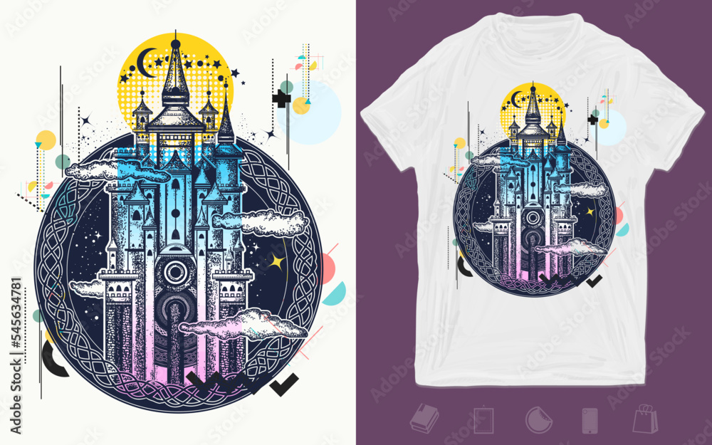 Medieval castle. Symbol of the fairy tale, dream, magic. Zine culture ...