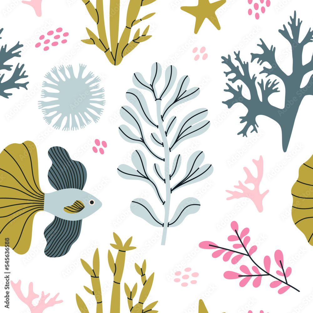 Seamless pattern exotic corals, plants and fish. Underwater and sea ...