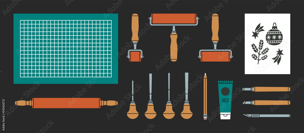 Set with linocutting equipment. Arts and crafts concept. Paint roller ...