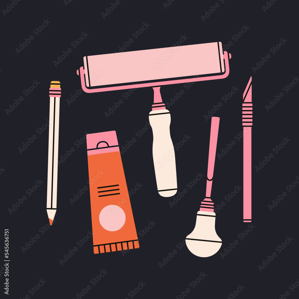 Poster with linocutting equipment. Arts and crafts concept. Paint ...