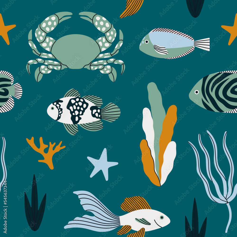 Seamless pattern exotic corals, plants fish and a crab. Underwater and ...