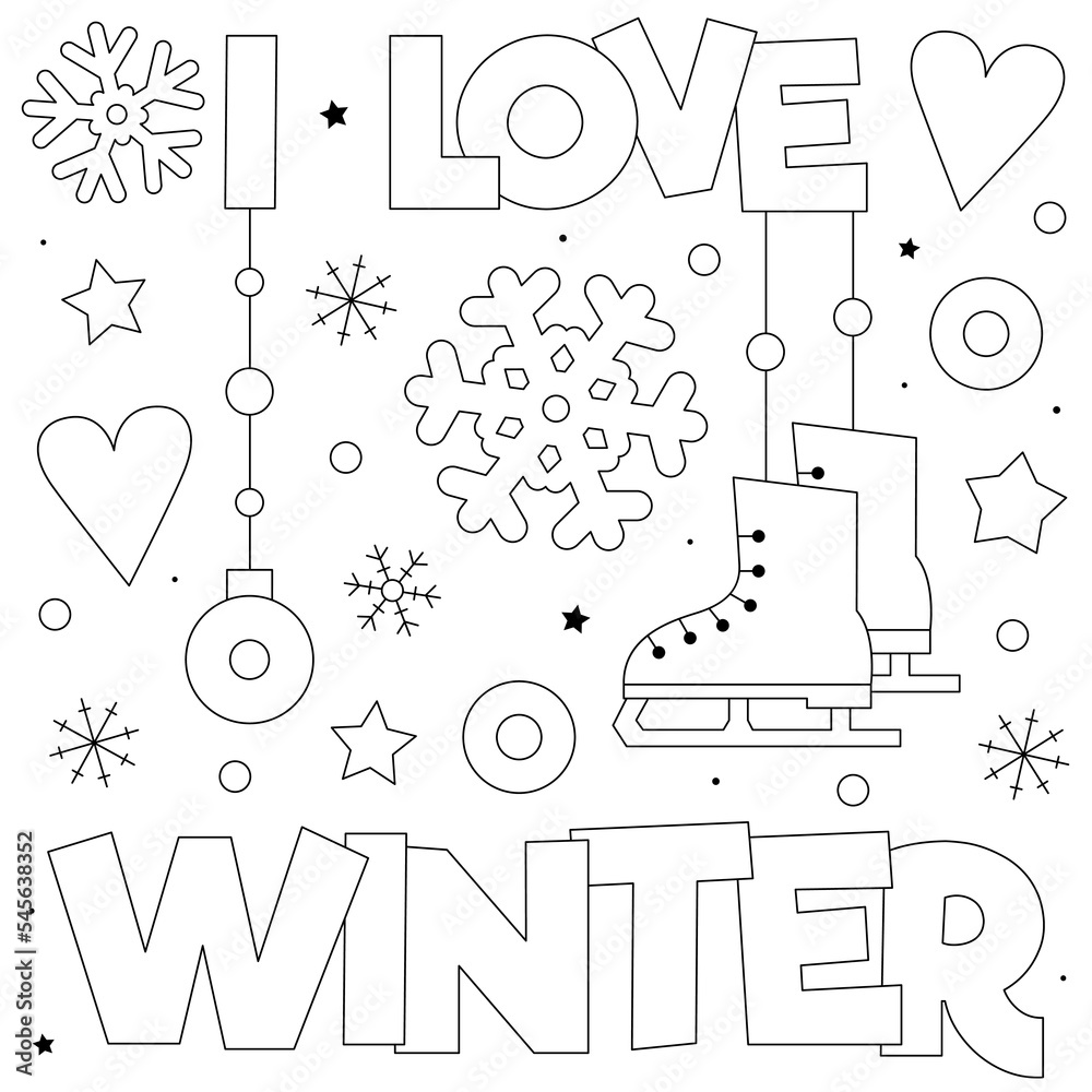 I love Winter. Coloring page. Black and white vector illustration. Stock Vector | Adobe Stock