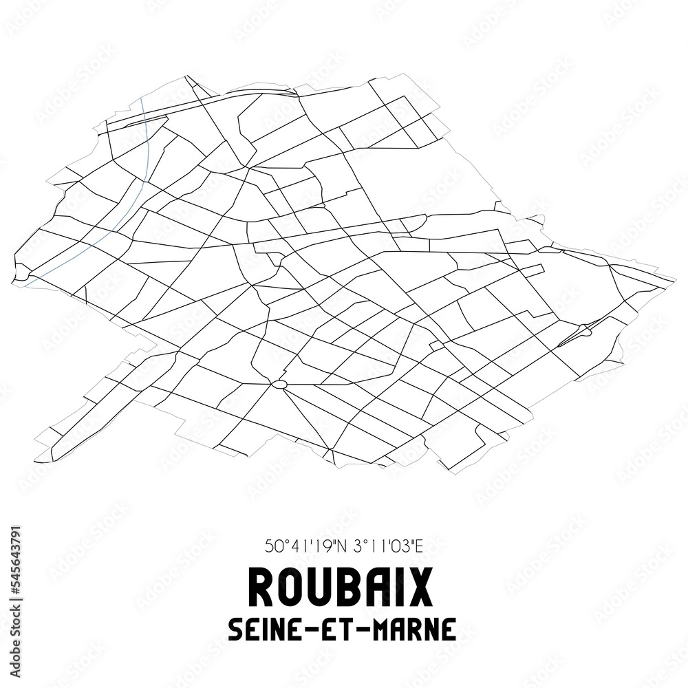 ROUBAIX Seine-et-Marne. Minimalistic street map with black and white ...