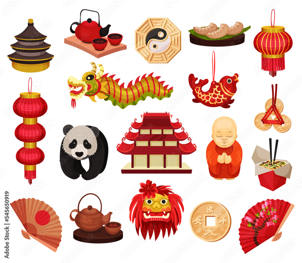 China symbols set. Travel attractions, traditional cultural objects ...