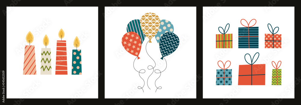 Posters set with balloons, Birthday candles and a presents, gifts. Can ...
